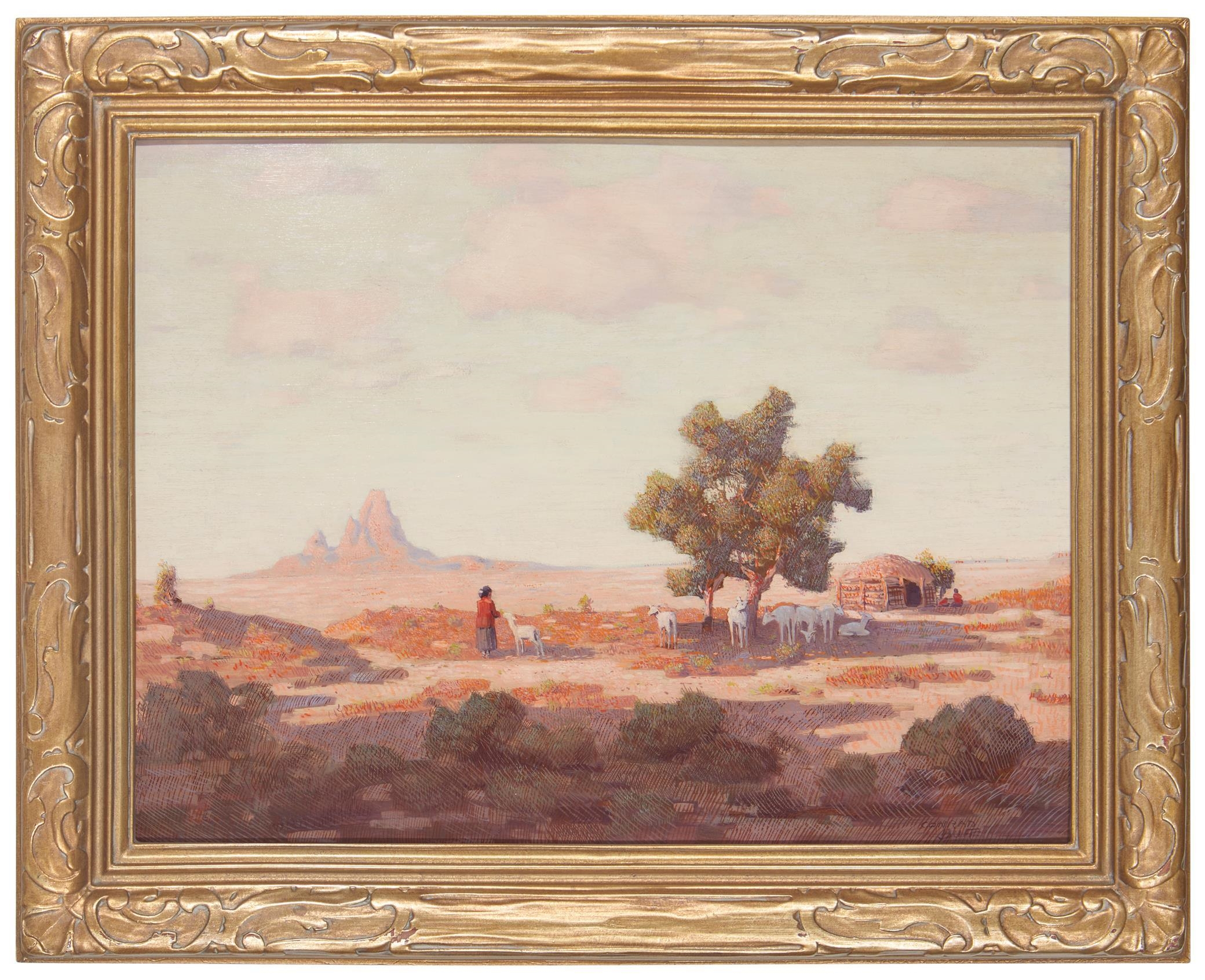 Conrad Buff | Southwest landscape with figures and sheep | MutualArt