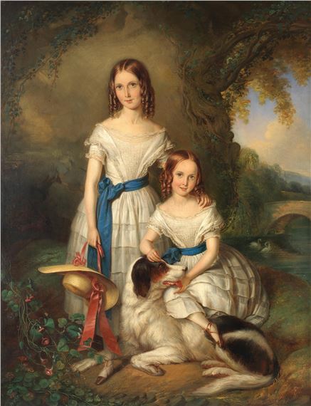 Henry Barraud | Portrait of two young girls with their pet dog | MutualArt