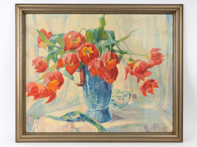 Anna Gasteiger | Stillleben mit roten Tulpen in einer blauen Vase auf ...