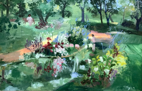 Nancy Delouis | Femme dans la roseraie ; roses au jardin | MutualArt