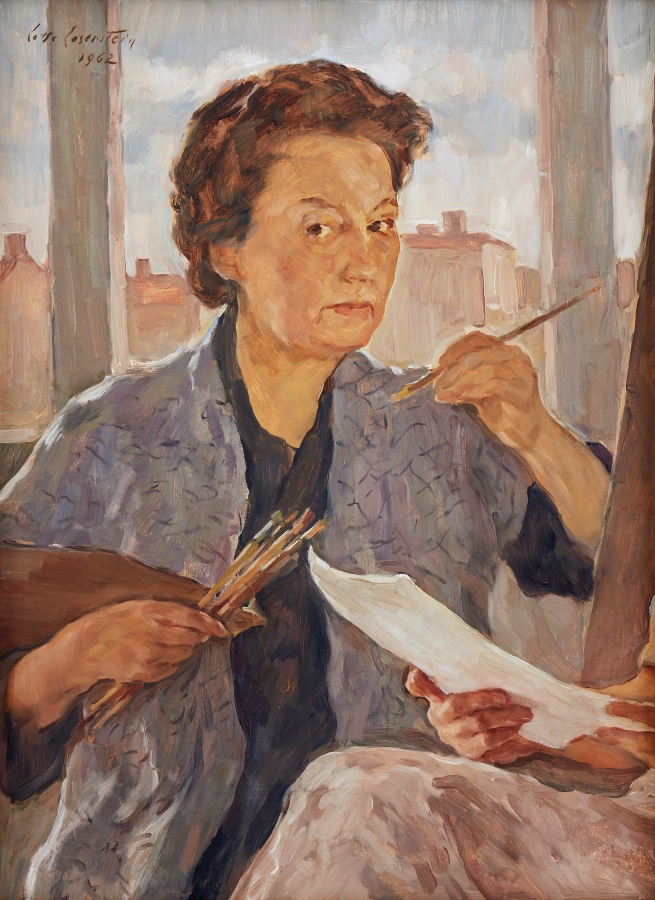 Lotte Laserstein | Self-portrait with palette and brush (1962) | MutualArt