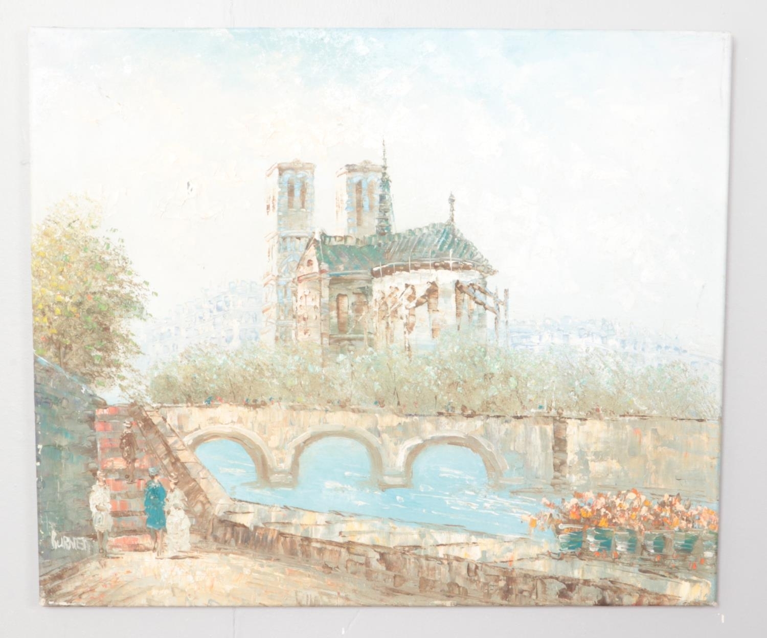 Caroline Burnett | unframed oil on canvas of Notre Dame and waterway ...