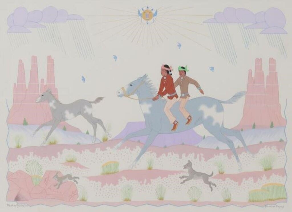 Harrison Begay | Two Boys on Horseback with Dog | MutualArt