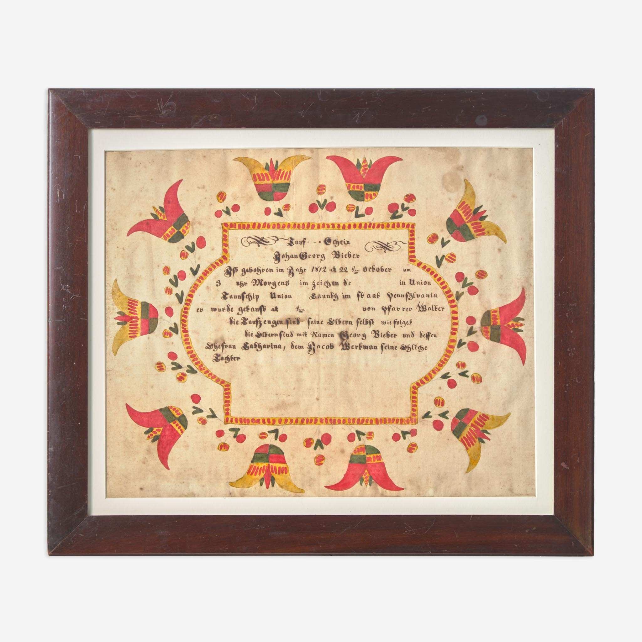 Daniel Otto | A Fraktur birth and baptism record for Johan George ...