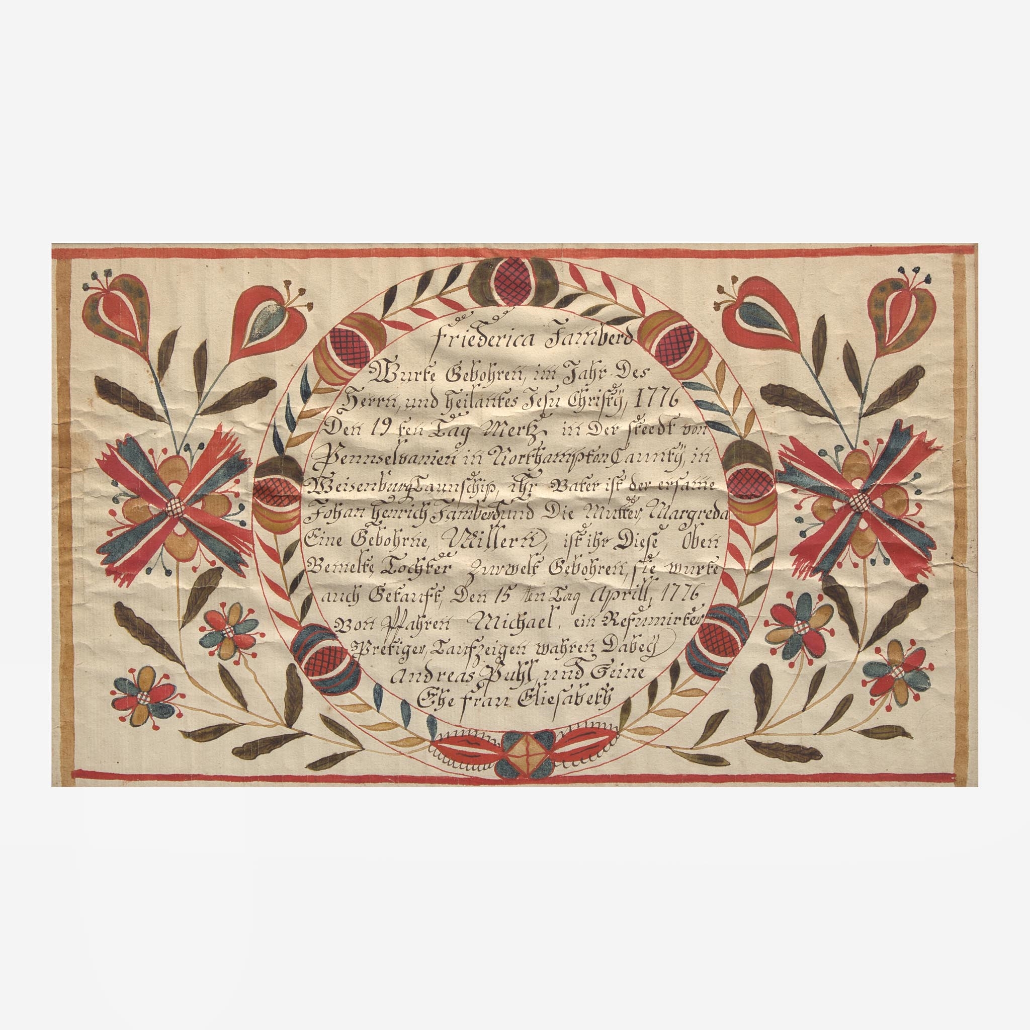 Johann Conrad Gilbert | A Fraktur birth and baptism record for ...