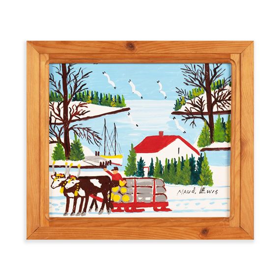 Maud Lewis | Winter Harbour Scene with Oxen Hauling Logs | MutualArt