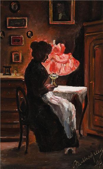 Bertha Dorph | An interior with a woman sewing by the glow of the lamp ...