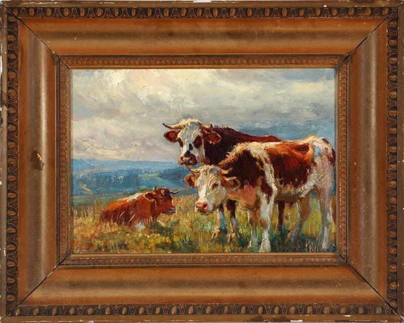 Raymond Louis Lecourt | A hilly landscape with grazing cows (1916 ...