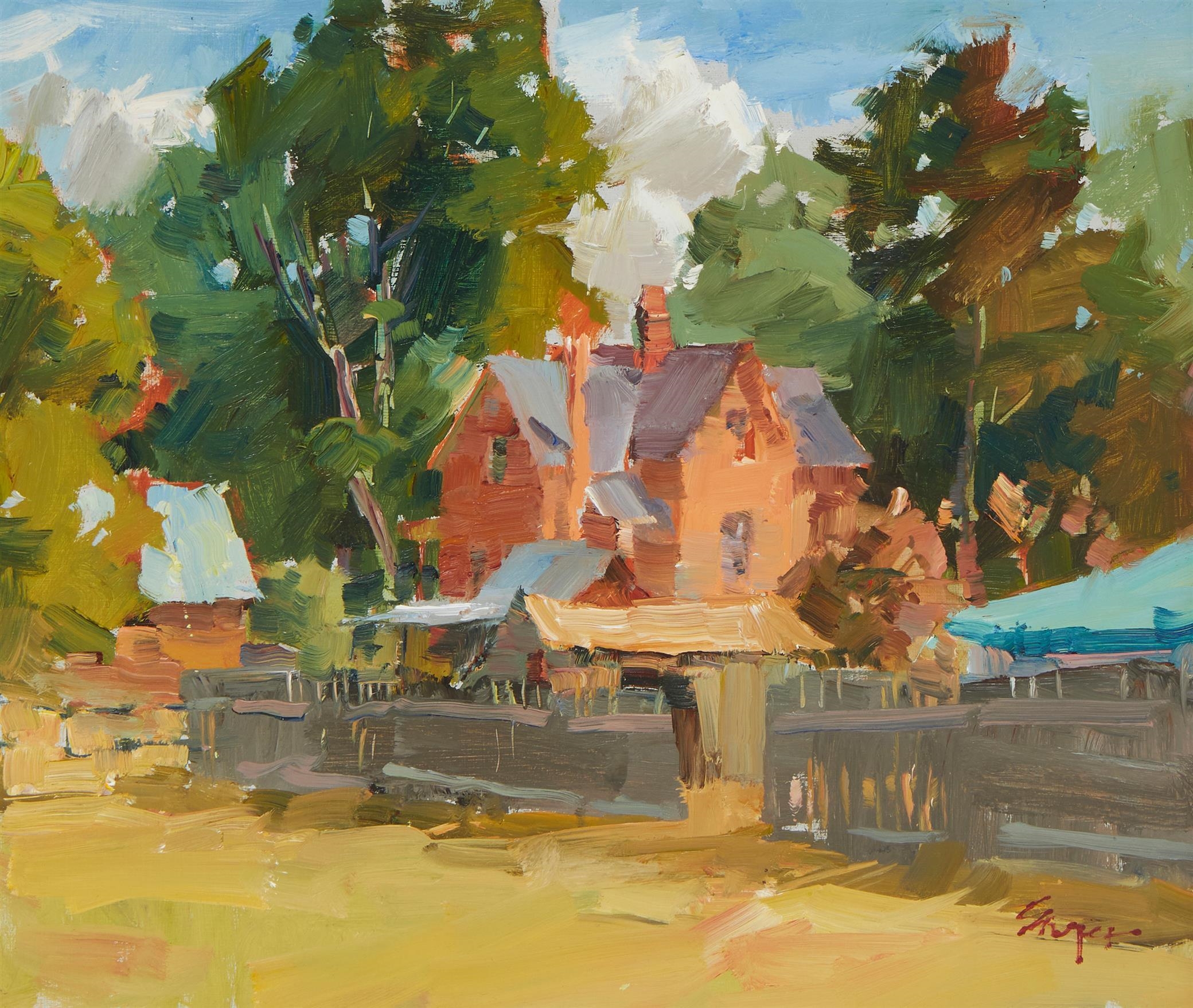 Steve Songer | A red house surrounded by trees | MutualArt