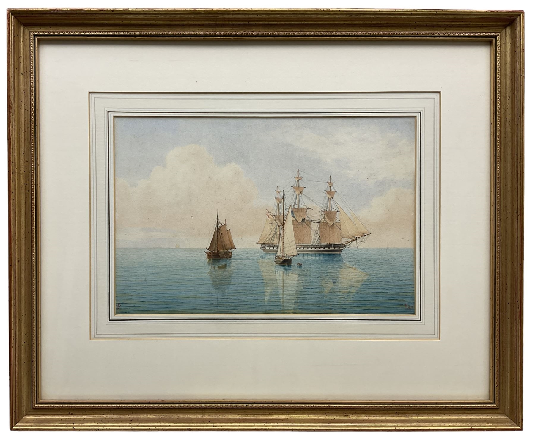 William Frederick Settle | British Frigate at Anchor with Sailing Barge ...