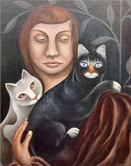 Jerzy Marek | 'Triangle' - Lady with Cats (1980) | MutualArt