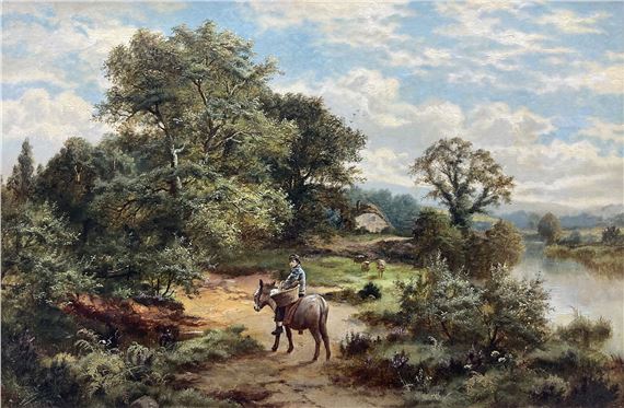 Edgar Longstaffe | Boy Riding Donkey in Rural River Landscape (1894 ...