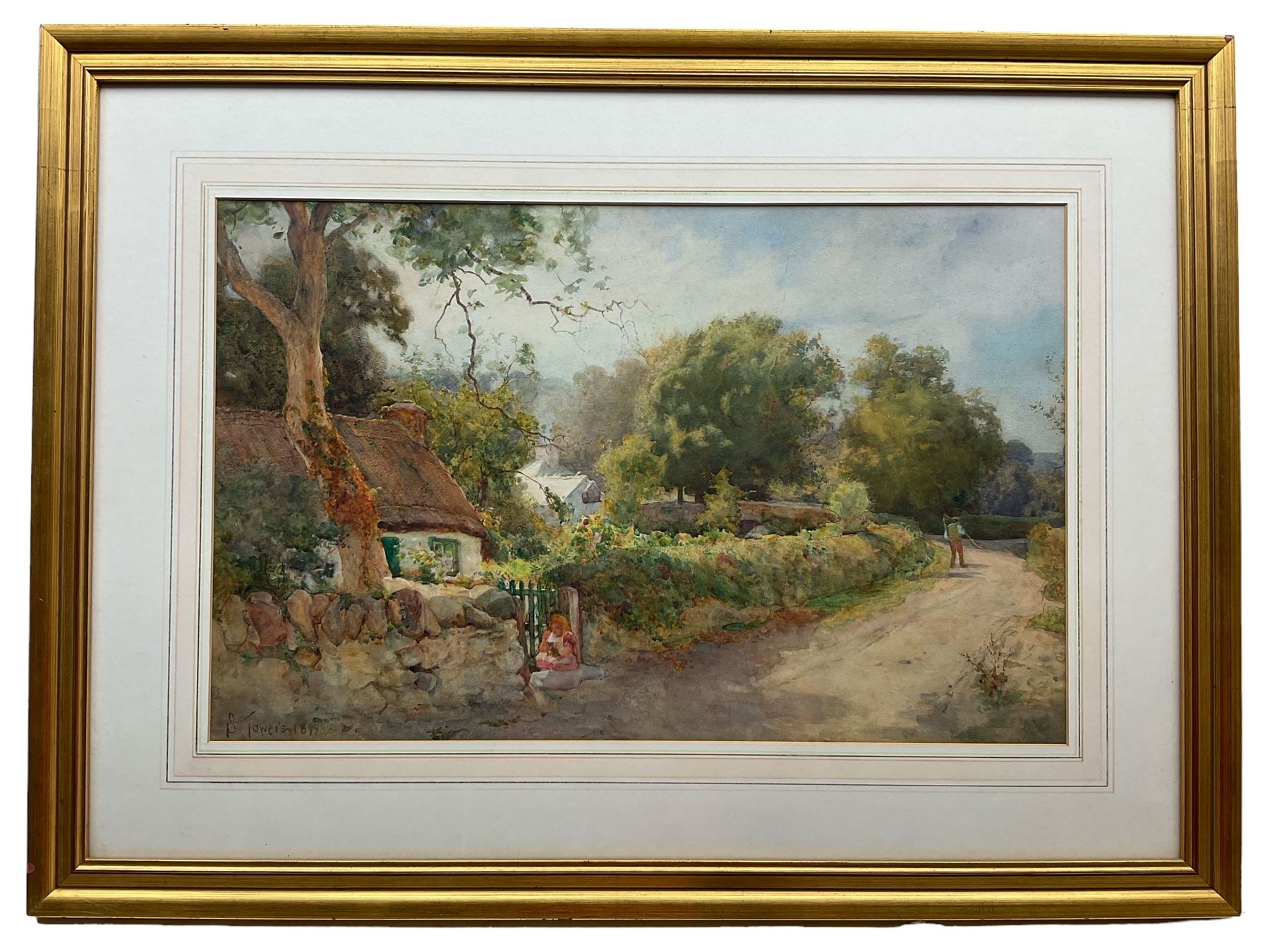 Samuel Towers | Girl with Kitten by Country Cottage (1899) | MutualArt