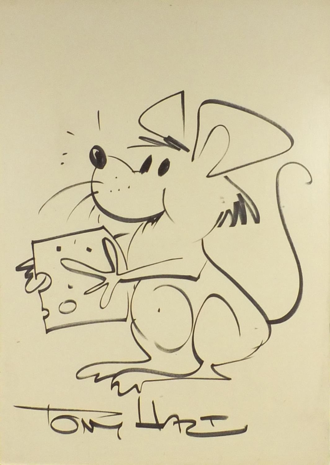 Tony Hart | Tony Hart - Ink cartoon study of a mouse holding cheese ...
