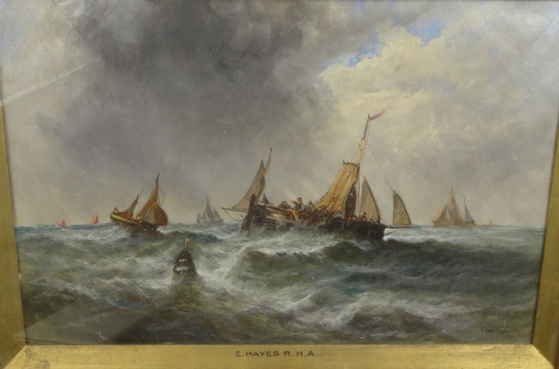 Edwin Hayes | Edwin Hayes RHA- Oil onto board of ships on a stormy sea ...
