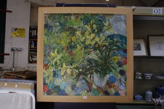 Rhodes Carol | Carol Rhodes (b.1959) Flowers on patchwork table cloth ...