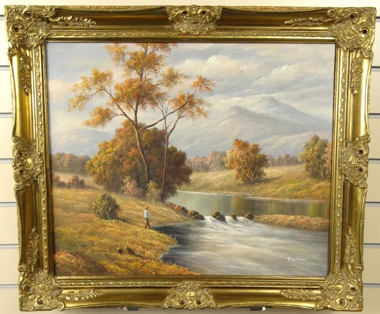 P. Wilson | P. Wilson - Oil onto canvas of a stream and fishermen with ...