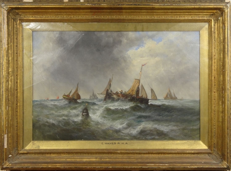 Edwin Hayes | Edwin Hayes RHA- Oil onto board of ships on a stormy sea ...