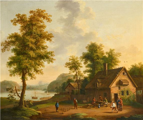 Jacob Philippe Hackert | River Landscape with Bowling Peasants | MutualArt