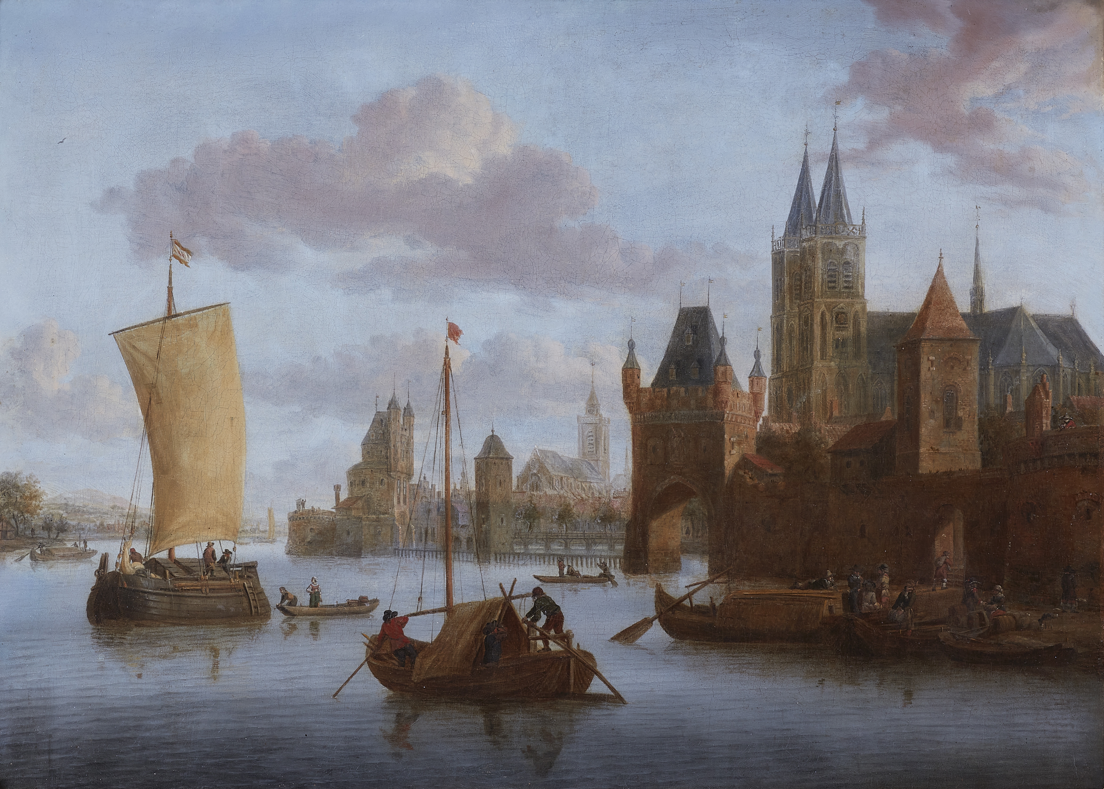 Jacobus Storck | Harbour Scene with a Church and Buildings on the Right ...