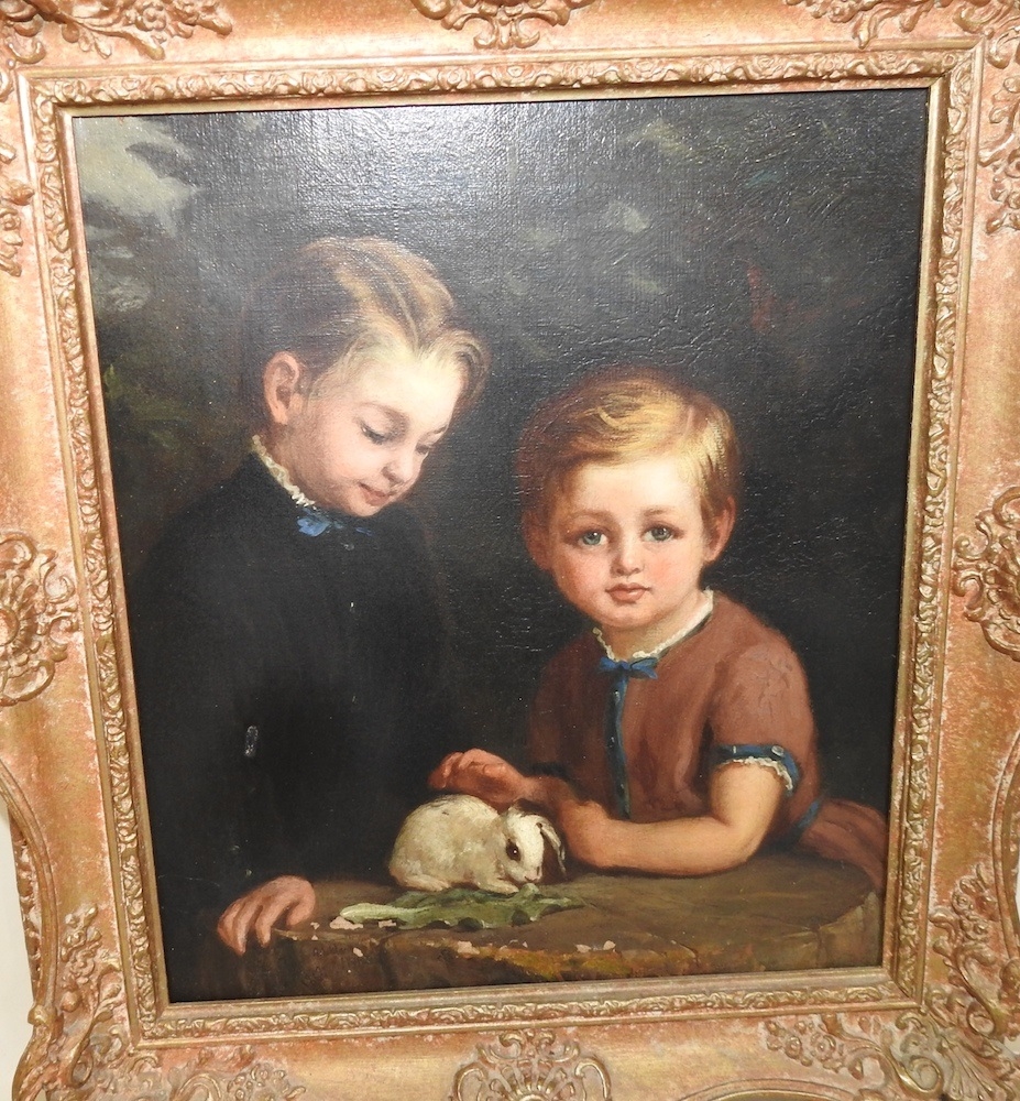Arthur Ackland Hunt | Children with pet rabbit (1868) | MutualArt