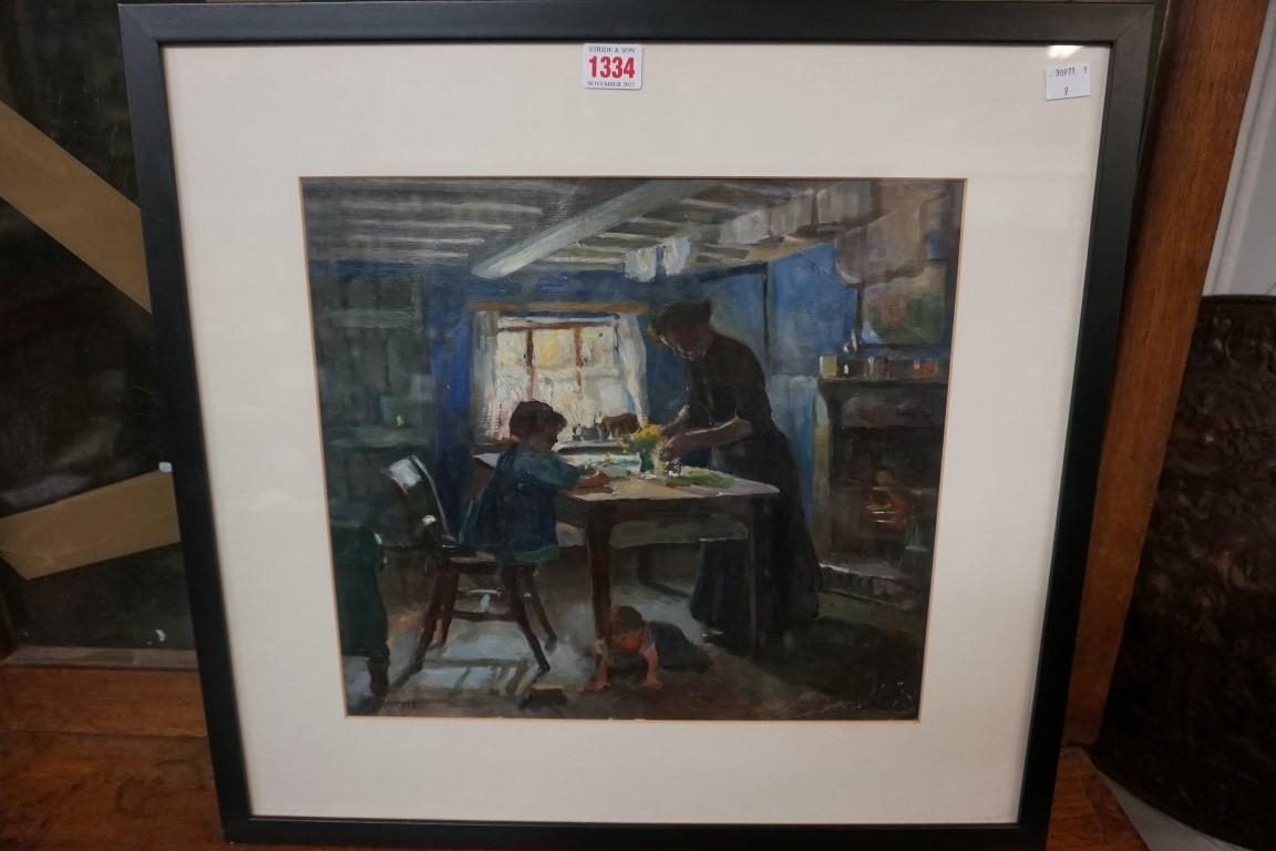 H. Morris | mother and children in a kitchen interior | MutualArt