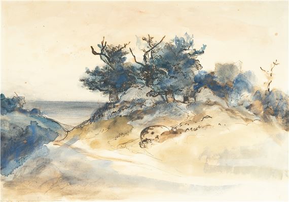 Carl Blechen | Dune landscape with a burial mound surrounded by oaks ...