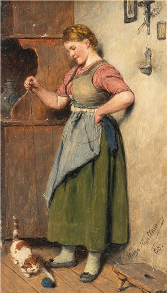 Hugo Kauffmann | Girl playing with a cat (1908) | MutualArt