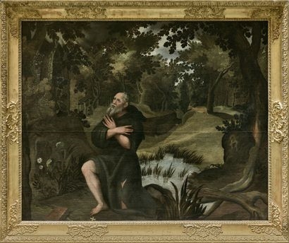 Flemish School 17th Century | Hermit in prayer before a landscape ...