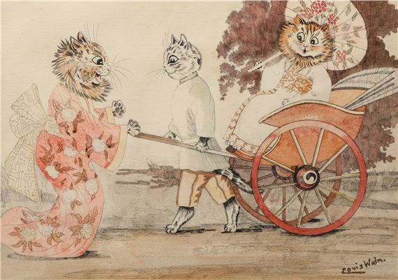 Louis Wain | signed Japanese theme with a cat holding a parasol in a ...