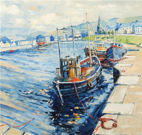 Erni Upton | signed 'Girvan Harbour' 60cm x 60cm Label verso | MutualArt