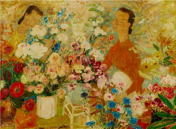 Le Pho | Le Pho Painting of Two Women w/ Flowers (1964) | MutualArt