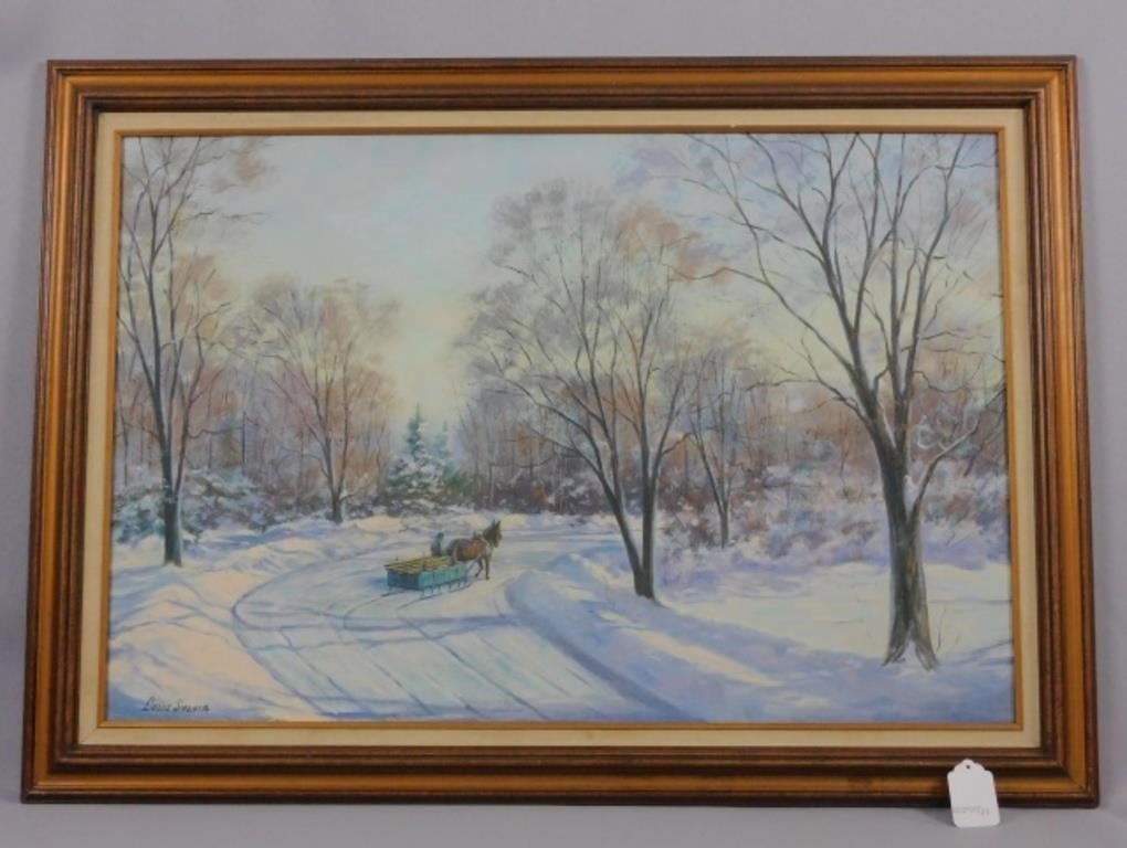 Louis Sylvia | rare winter scene. Depicts a horse with a lumber cart ...