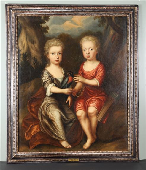 Godfrey Kneller | Two children playing with a parrot | MutualArt