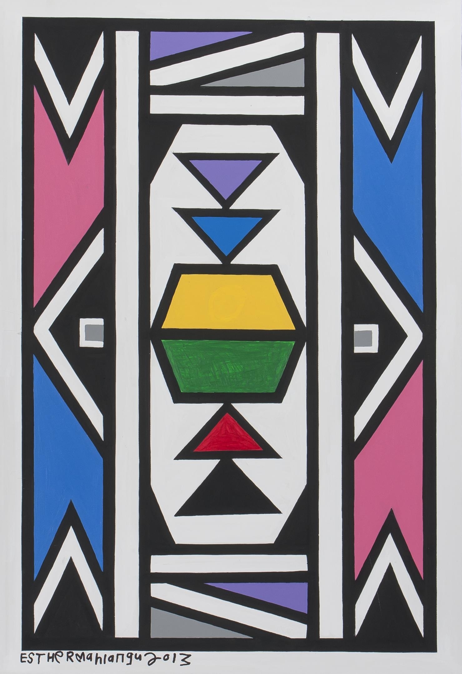 Esther Mahlangu | NDEBELE PATTERN WITH BLUE AND PINK | MutualArt