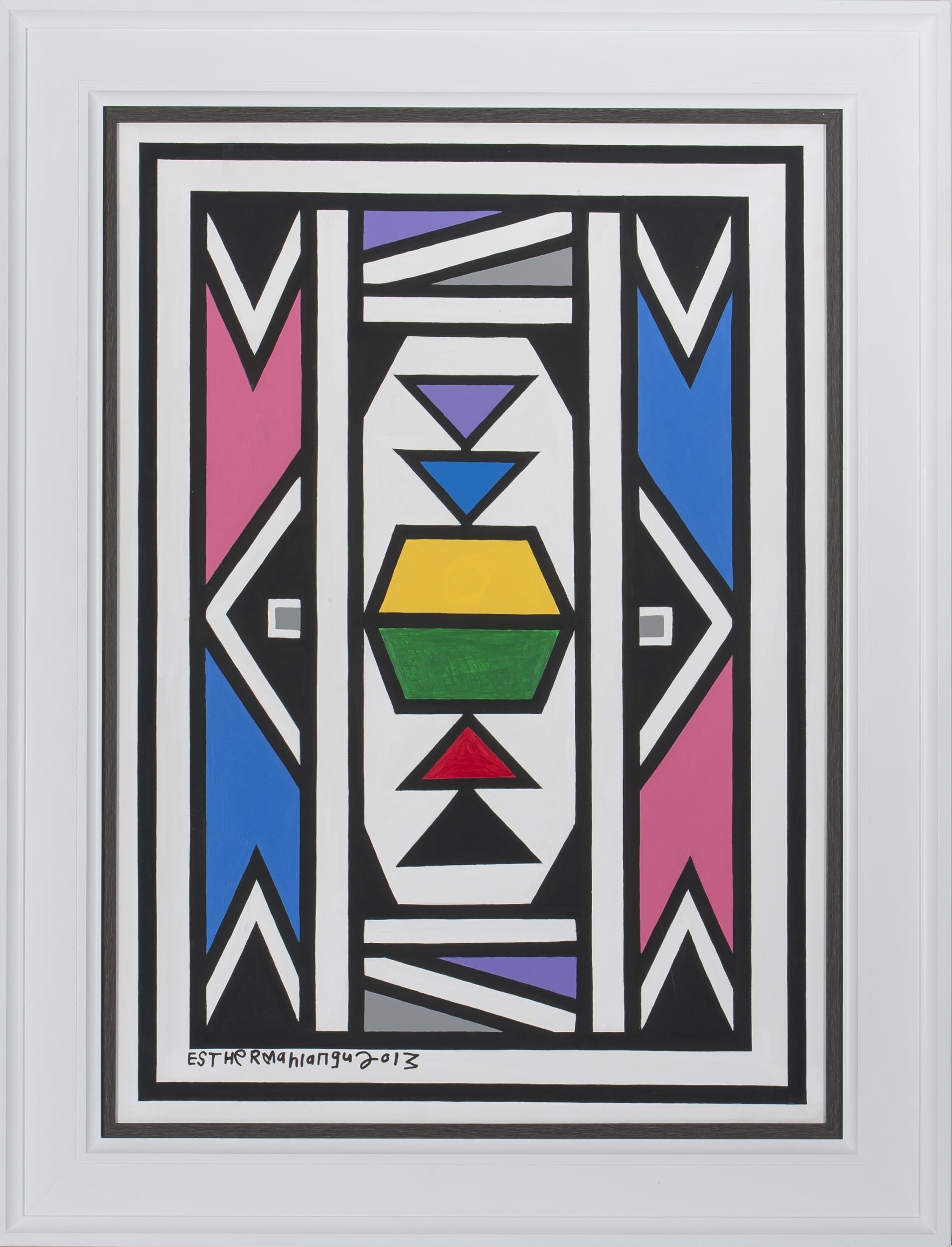 Esther Mahlangu | NDEBELE PATTERN WITH BLUE AND PINK | MutualArt
