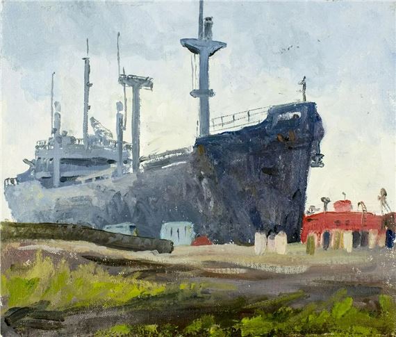 William Alexander Drake | Harbor Scene with Large Ship | MutualArt