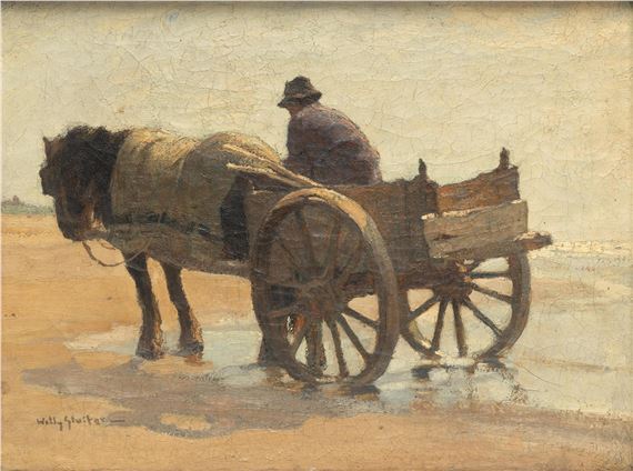Willy Sluiter | Man op een paardenkar op het strand. | MutualArt