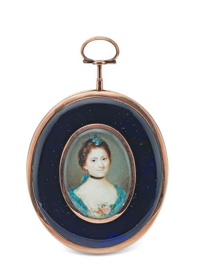 Luke Sullivan | Portrait miniature of a young lady in a turquoise blue ...