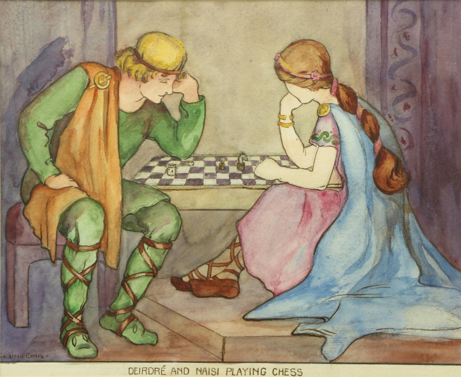 Kathleen Ennis | Deirdre and Naisi Playing Chess (20th Century) | MutualArt