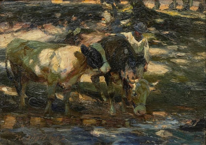 Heinrich von Zügel | Hüter mit Rindern am Wasser (1902) | MutualArt