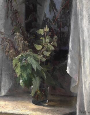 Bertha Wegmann | Still life with nettles in a glass vase by a white ...
