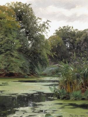 Peder Mork Monsted | A forest lake surrounded by tall trees (1899 ...