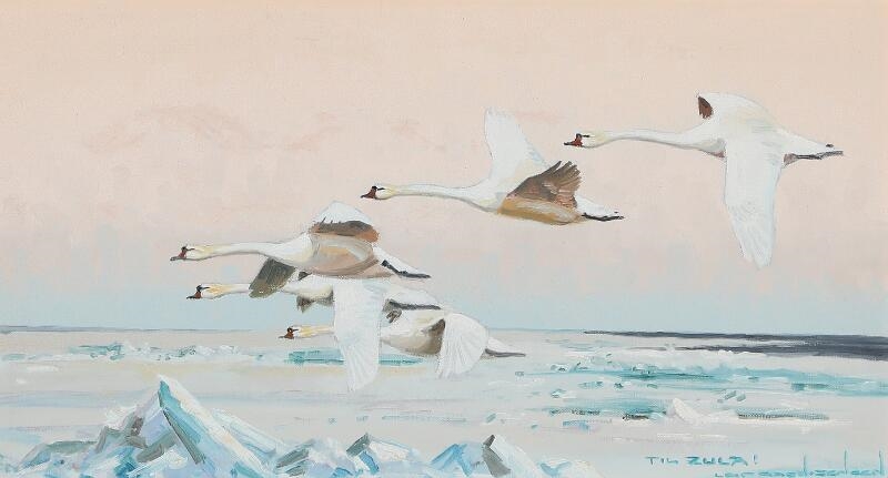 Leif Ragn-Jensen | Winter landscape with flying swans (1975) | MutualArt