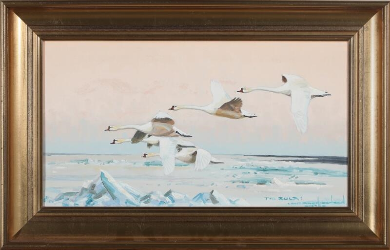 Leif Ragn-Jensen | Winter landscape with flying swans (1975) | MutualArt