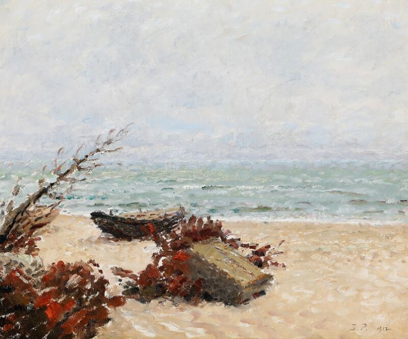 Julius Paulsen | A rowing boat on the beach (1912) | MutualArt