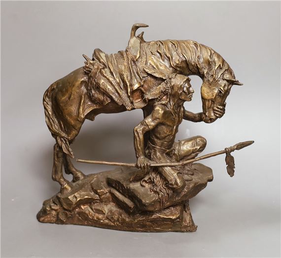 Buck McCain | A bronze figure group of a Native American kneeling next ...