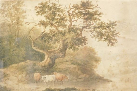 Peter de Wint | Manner of De Wint. Cattle in a stream before tree ...