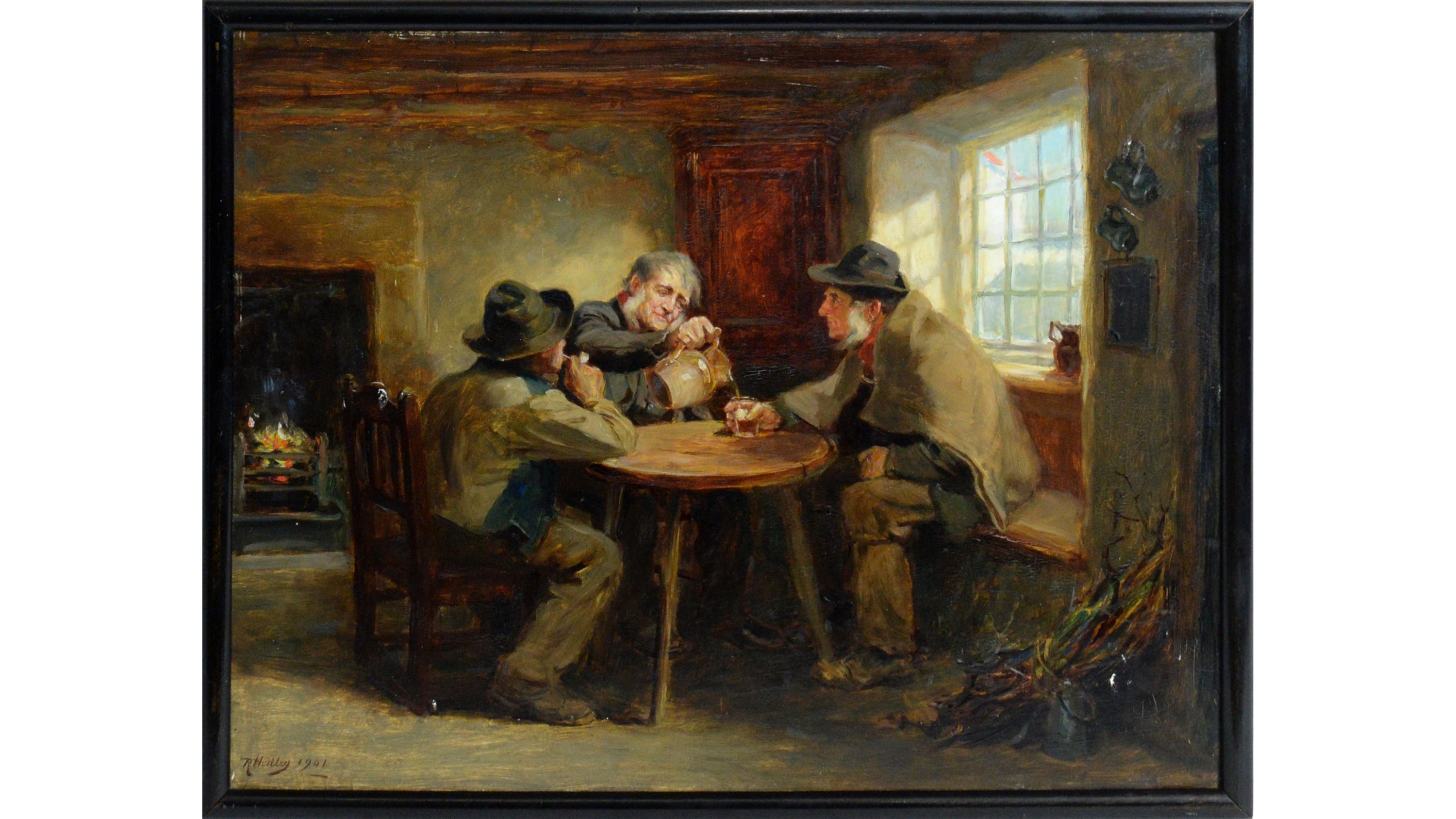 Ralph Hedley | Interior of a Tavern; with three figures gathered around ...