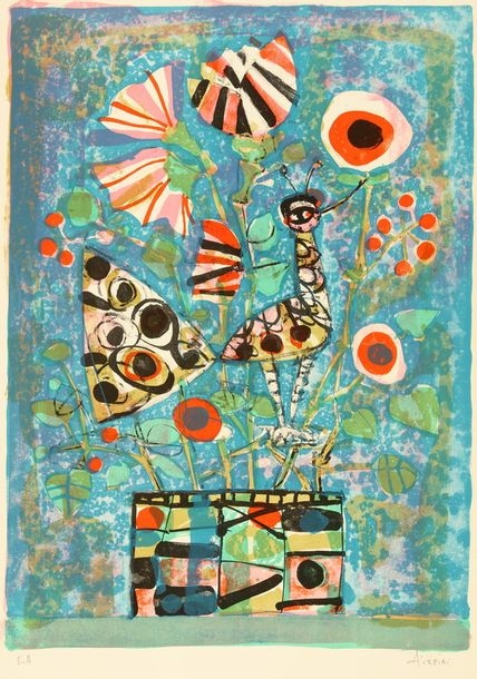 Paul Augustin Aïzpiri | Flowers with a hoopoe LITHOGRAPHY on Arches ...